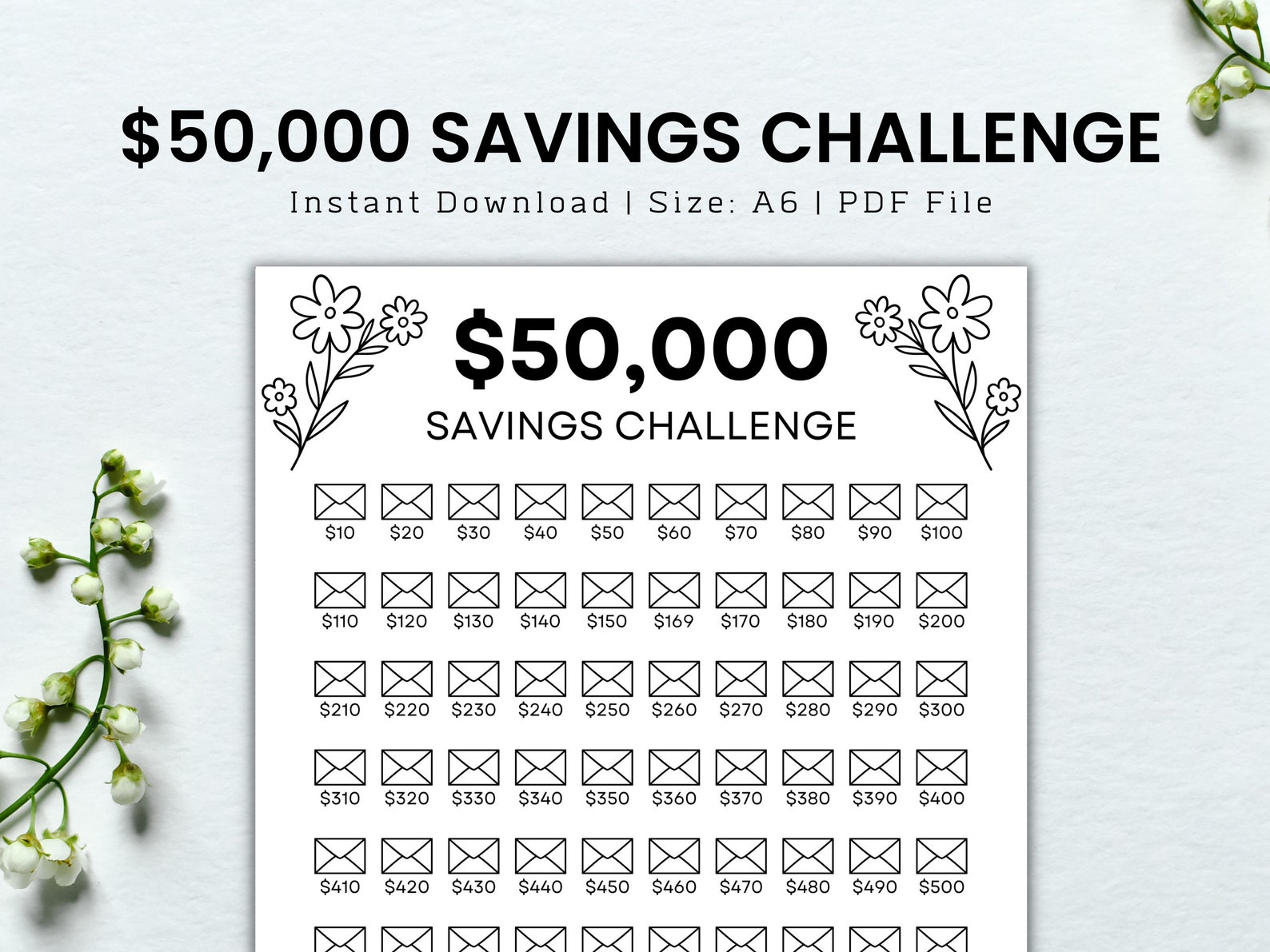 50000 Savings Challenge Printable, 100 Envelope Challenge Printable ...