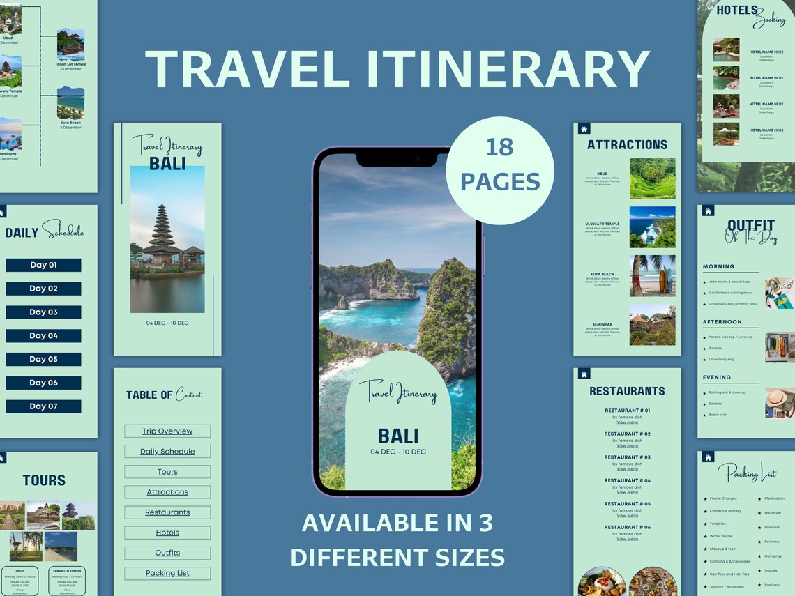 Bali Itinerary Template Canva, Editable Travel Planner, Vacation ...