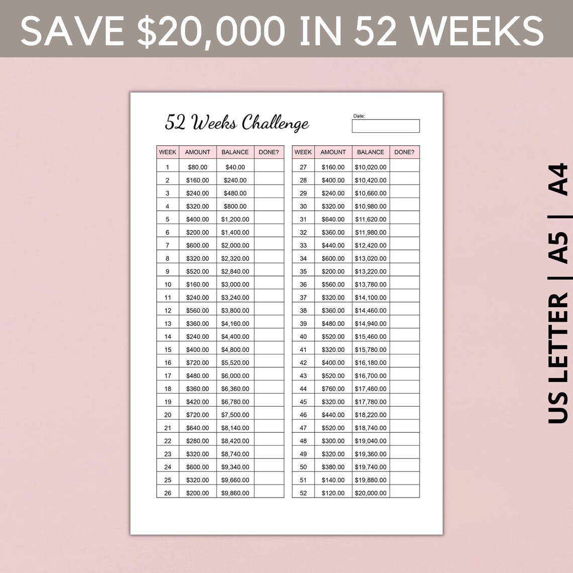 52 Week Savings Challenge, 20,000 Savings Challenge Tracker, Money ...