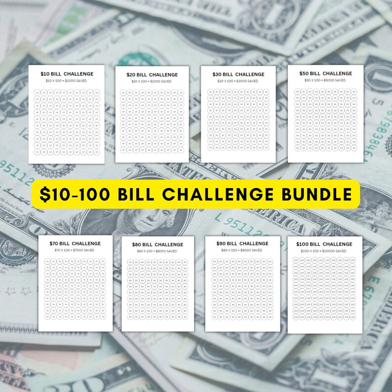 10-100 Dollar Bill Challenge Printable, Bundle Bill Challenge, Savings ...