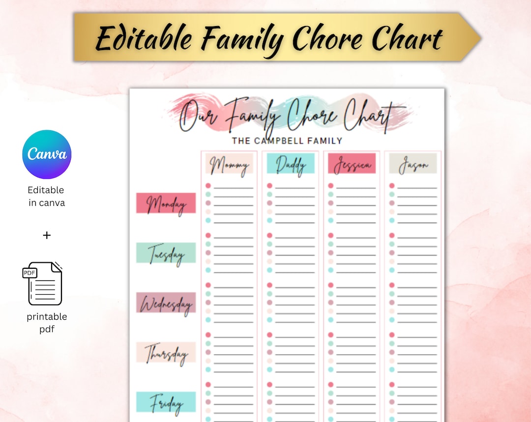 Editable Family Chore Chart, Family Planner Printable, Weekly Family ...