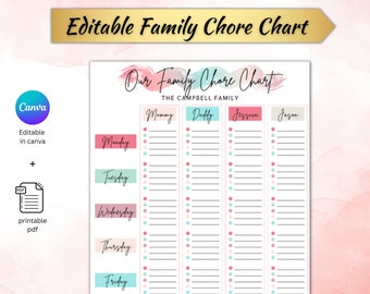 Editable Excel Weekly Family Chore Chart, Printable Family Planner ...
