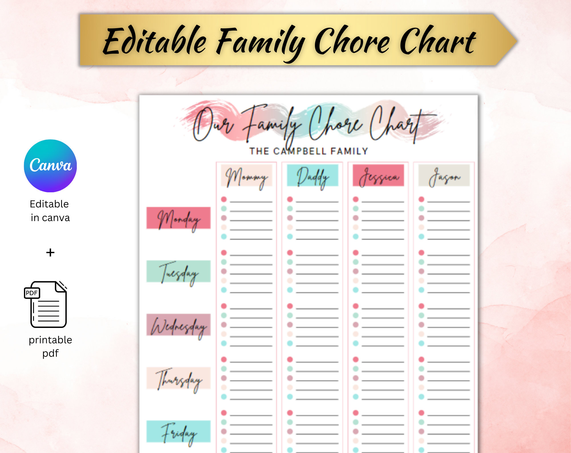 Editable Family Chore Chart, Family Planner Printable, Weekly Family ...
