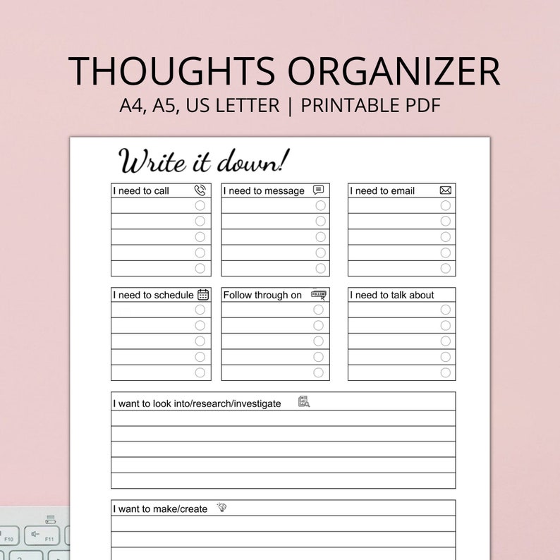 Brain Dump Printable, Thought Organizer, A4, A5, Letter, Printable PDF ...
