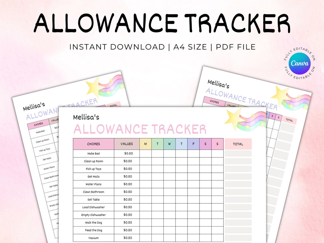 Editable Allowance Tracker for Kids, Printable Allowance Chore Chart ...