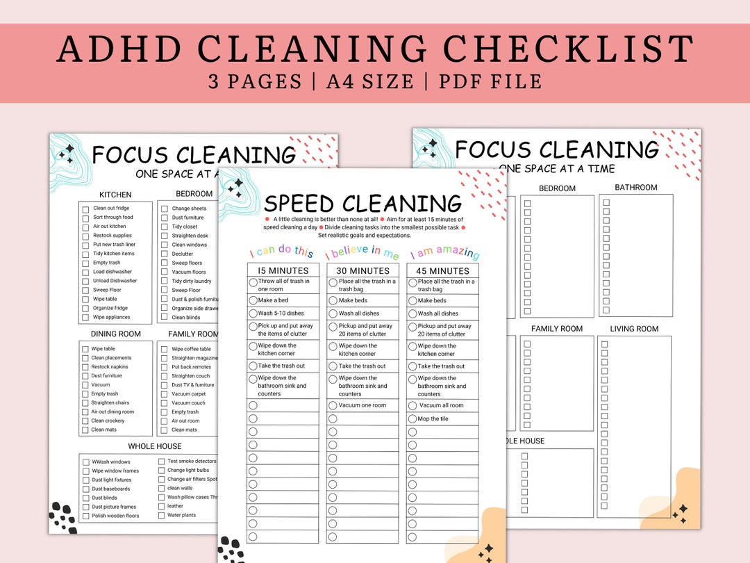 ADHD Cleaning Checklist, Cleaning Checklist,speed Cleaning, Focus ...