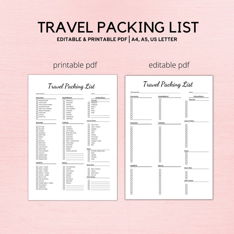 Editable Travel Packing List, Travel Checklist Printable, Travel ...