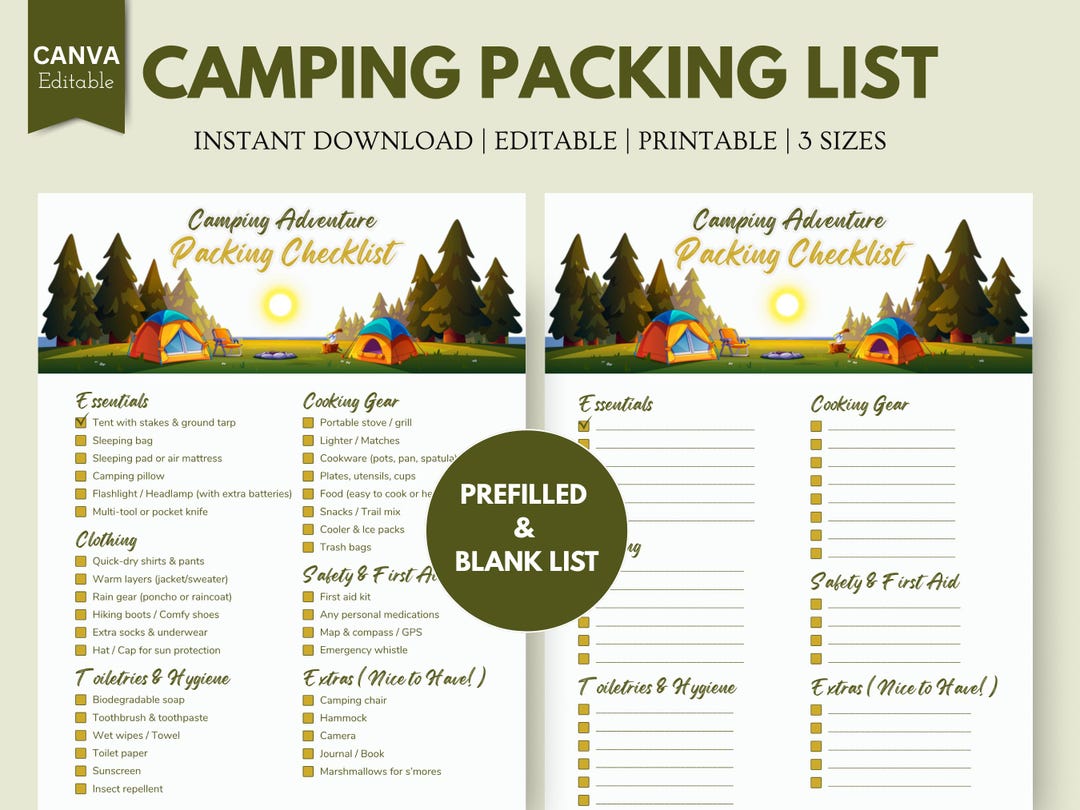 Camping Packing Checklist: Editable Trip Planner (digital Download, PDF ...