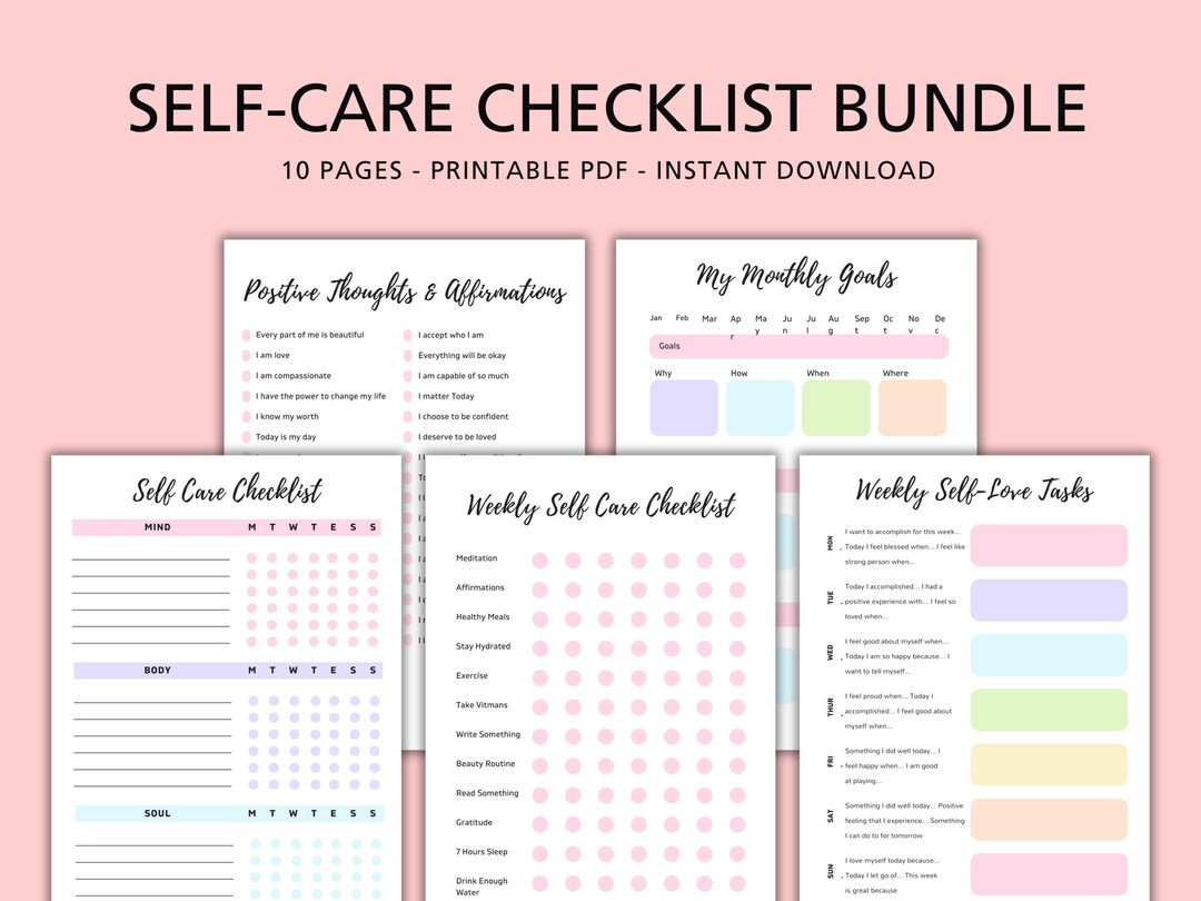 Self Care Checklist Bundle | Daily Weekly Self Care Planner | Mental ...