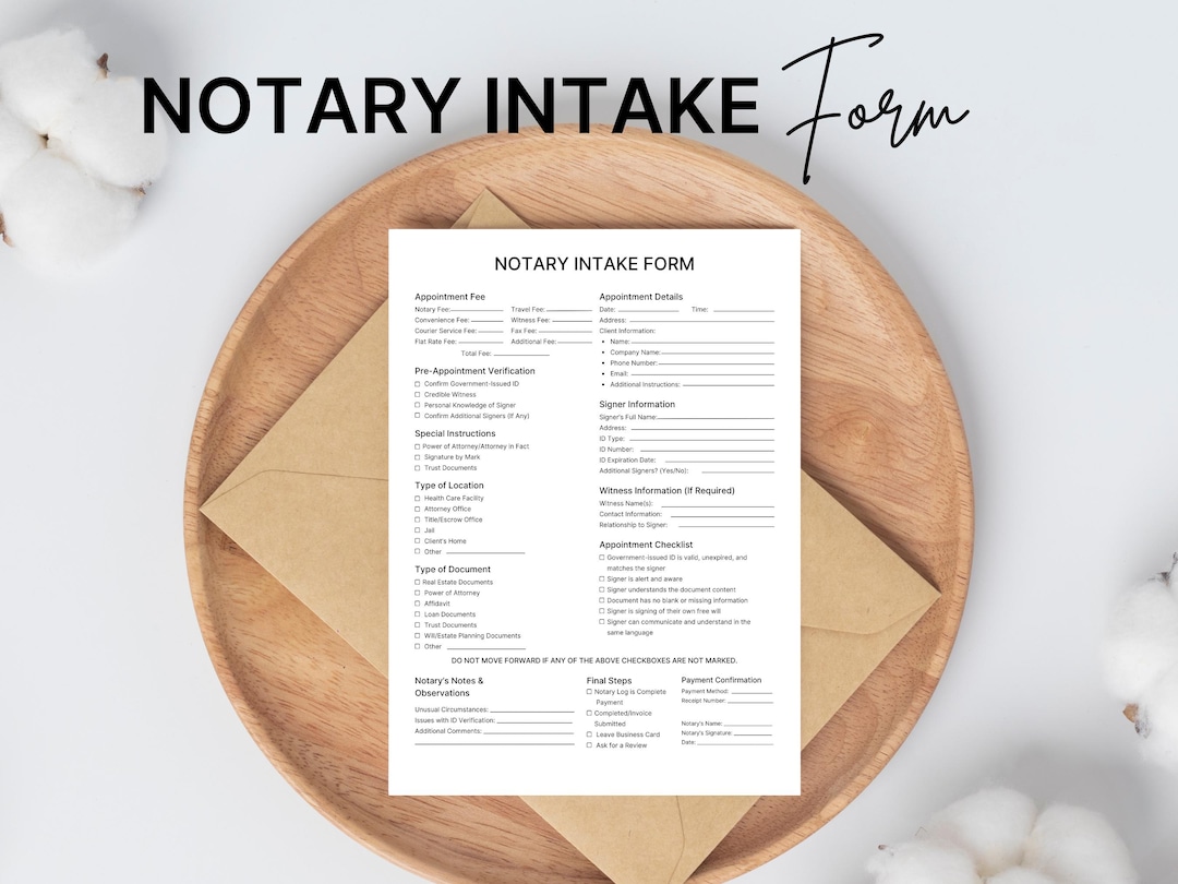 Notary Intake Form: Mobile Notary Client Information Sheet (printable ...