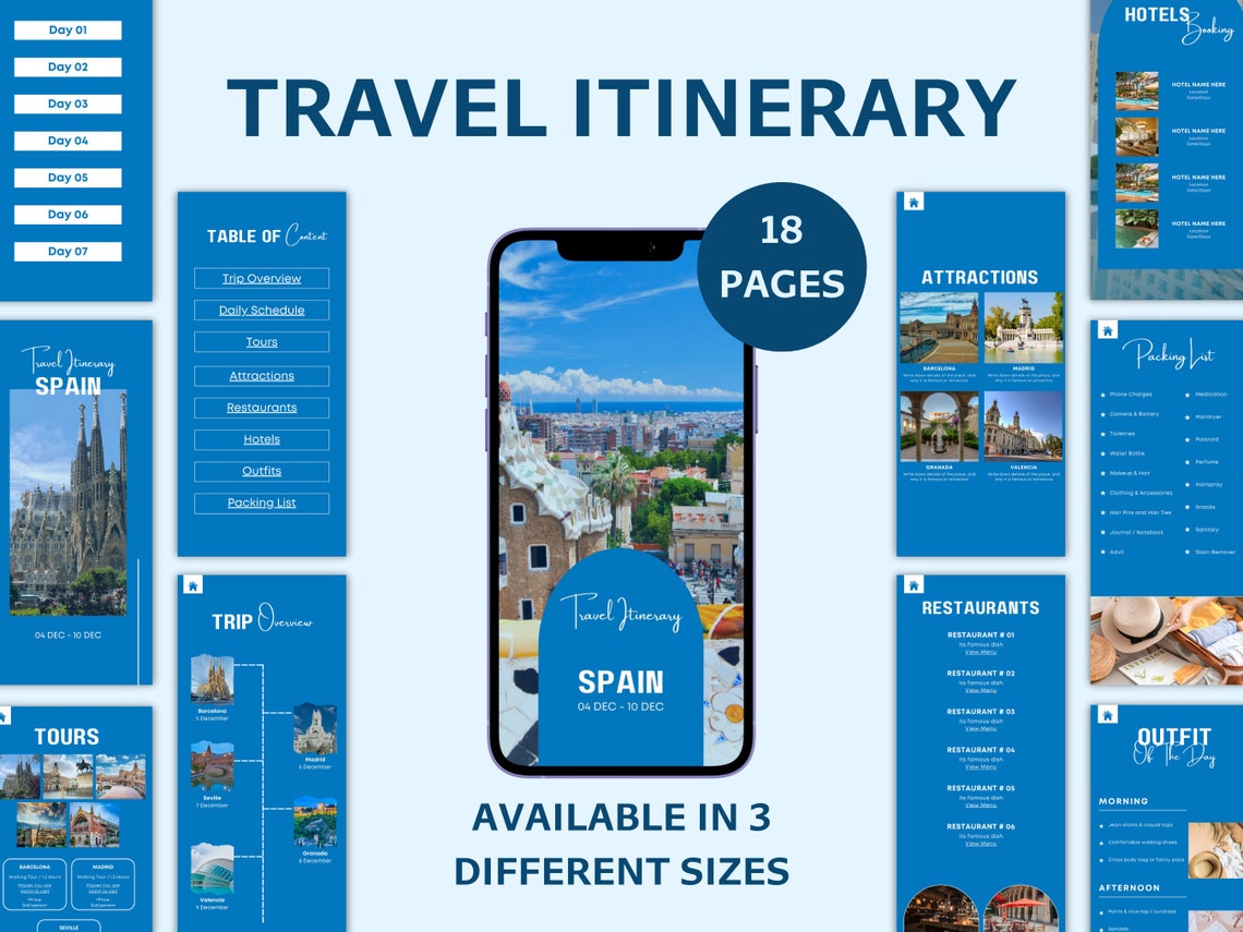 Spain Travel Itinerary Template | Editable Spain Trip Planner ...