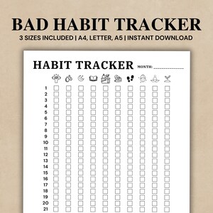 Bad Habit Tracker Printable, Monthlyhabit Tracker, Daily Habit Tracker ...