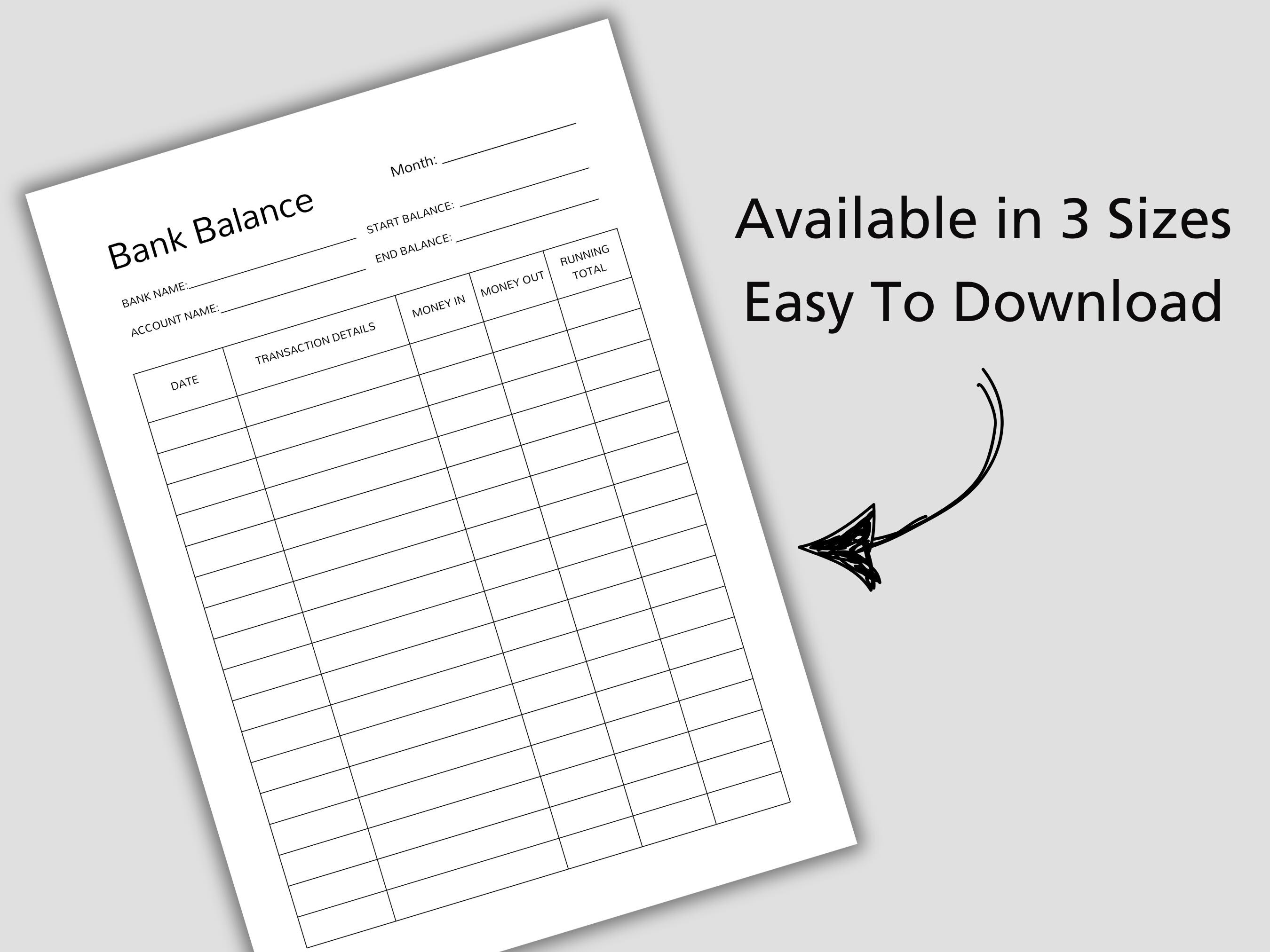 Bank Balance Sheet Printable, Budget Tracker Template, Personal Finance ...