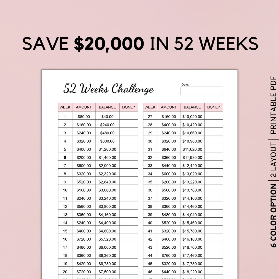 52 Week Savings Challenge, 20,000 Savings Challenge Tracker, Money ...