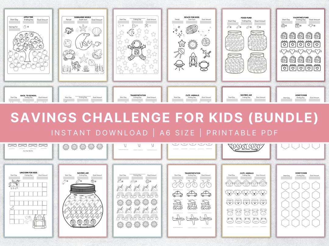 Kids Saving Challenge Bundle, Savings Challenge Tracker Bundle, Money ...