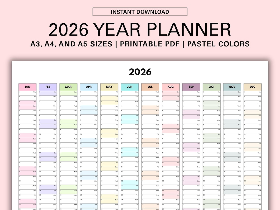 2026 Year Planner Printable, Wall Calendar 2026 PDF, A3 A4 A5 Sizes ...