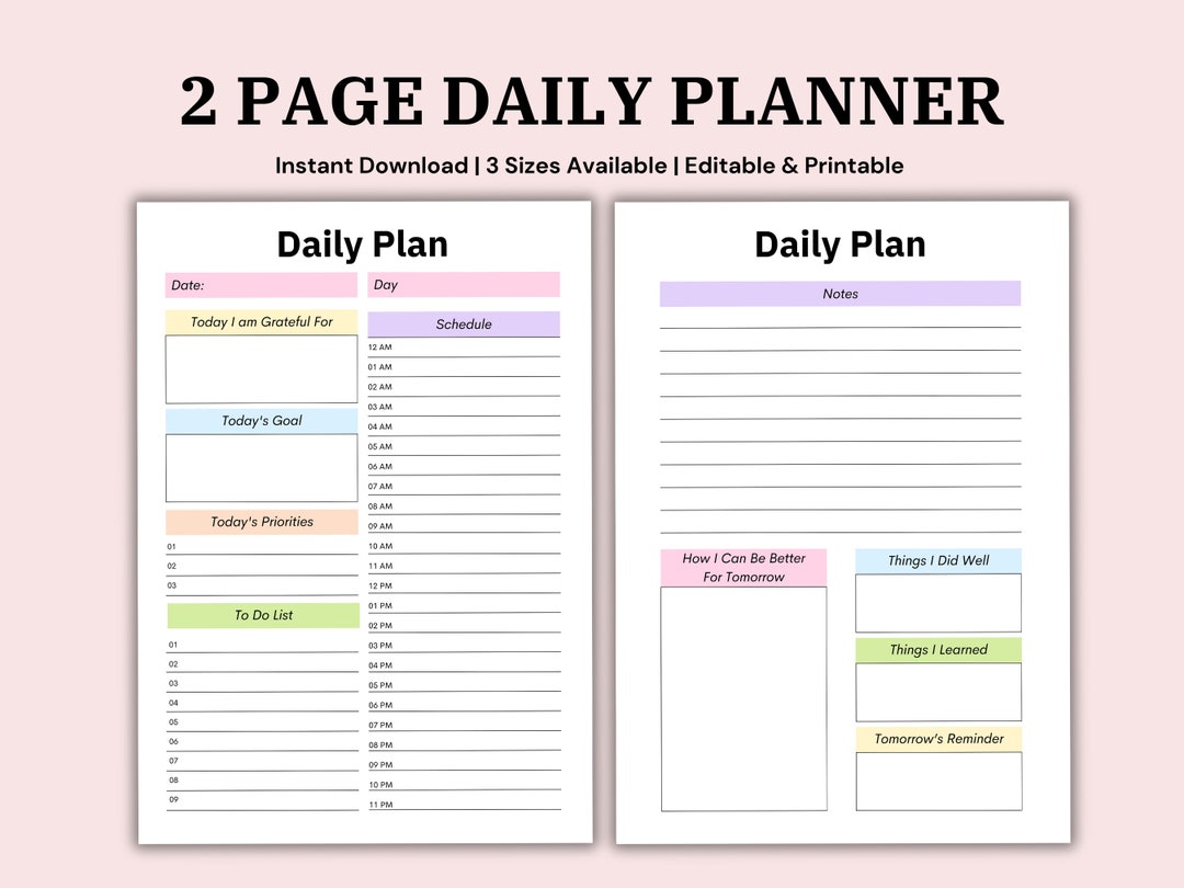 Editable 2 Page Daily Planner Template Printable, Productivity Planner ...