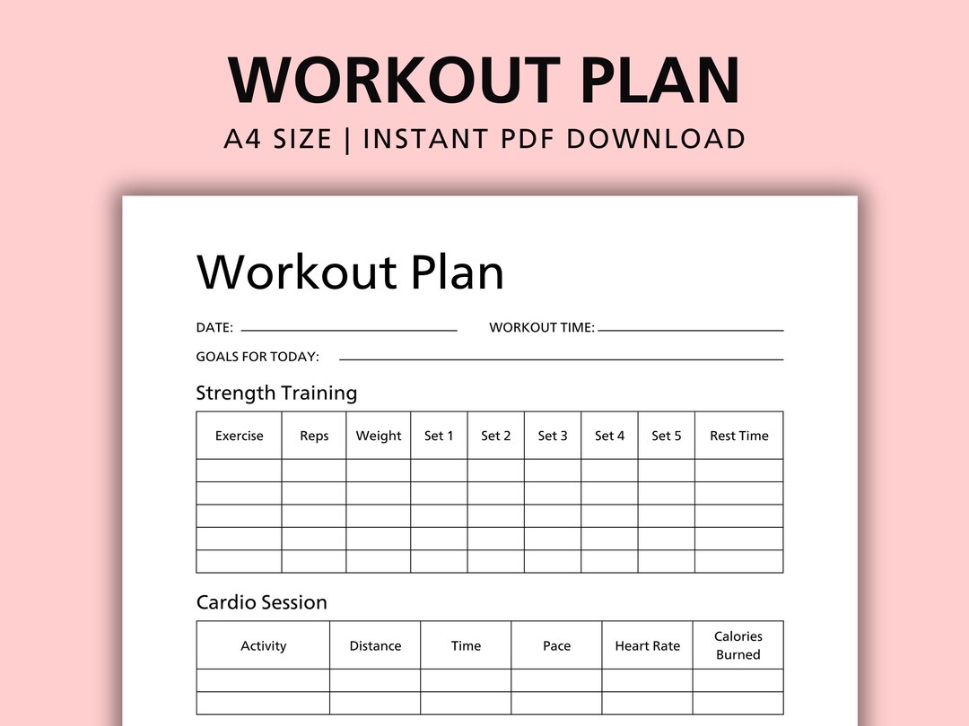 Workout Tracker Printable PDF, Fitness Planner, Strength, Cardio Log ...
