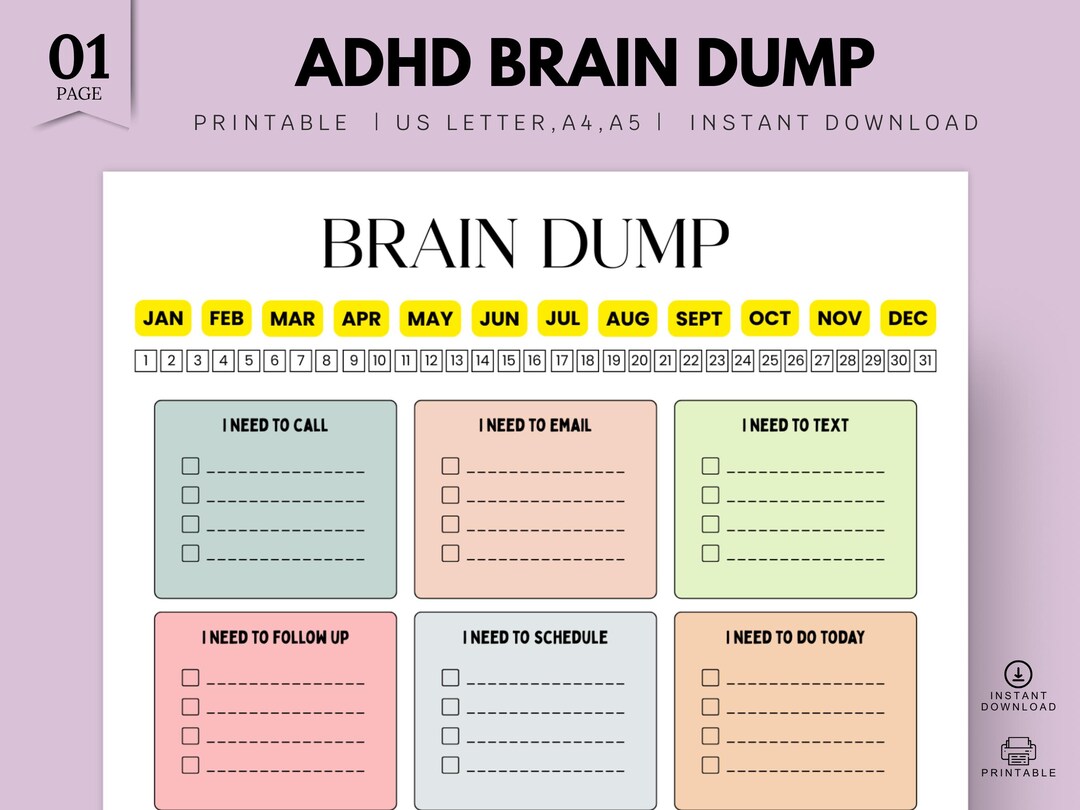 ADHD Brain Dump Printable Planner: To-do List Organizer (PDF Download ...