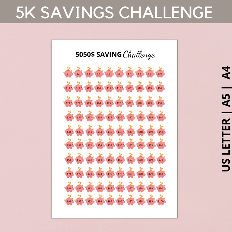 5k Savings Challenge Tracker Printable Save 5000 in a Year - Etsy Canada