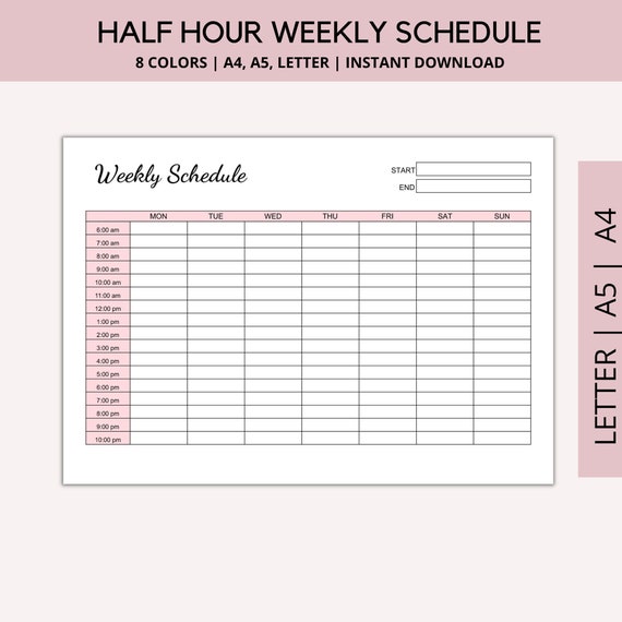 Hour Weekly Schedule Printable Hour Planner Weekly Planner | Etsy