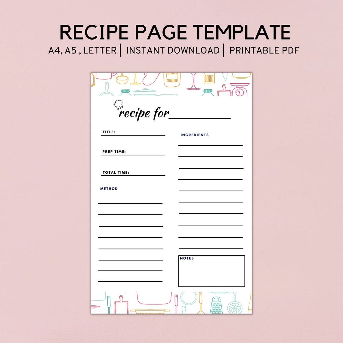Recipe Page Printable PDF Printable Recipe Template Recipe | Etsy