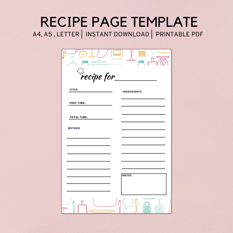 Recipe Page Printable PDF Printable Recipe Template Recipe | Etsy