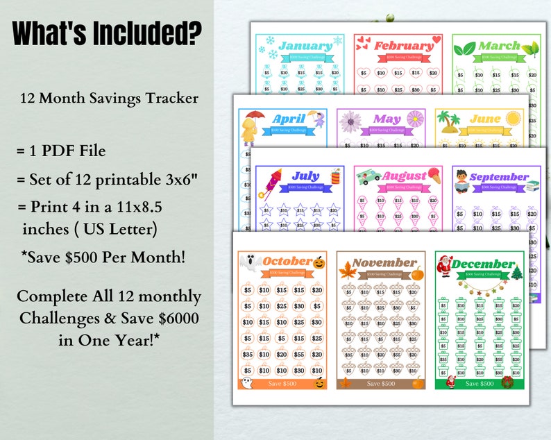 12 Monthly Savings Challenge Bundle Money Challenge A6 Mini - Etsy
