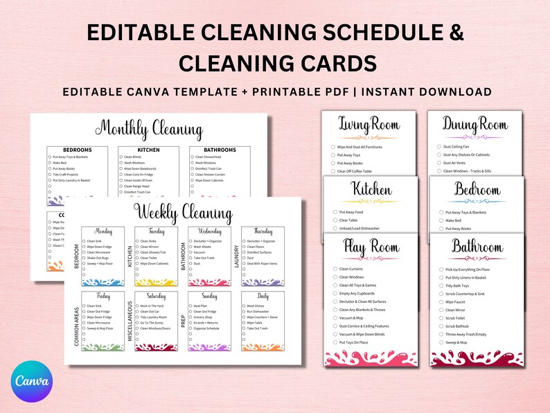Editable Cleaning Cards and Cleaning Schedule, Weekly Cleaning Schedule ...