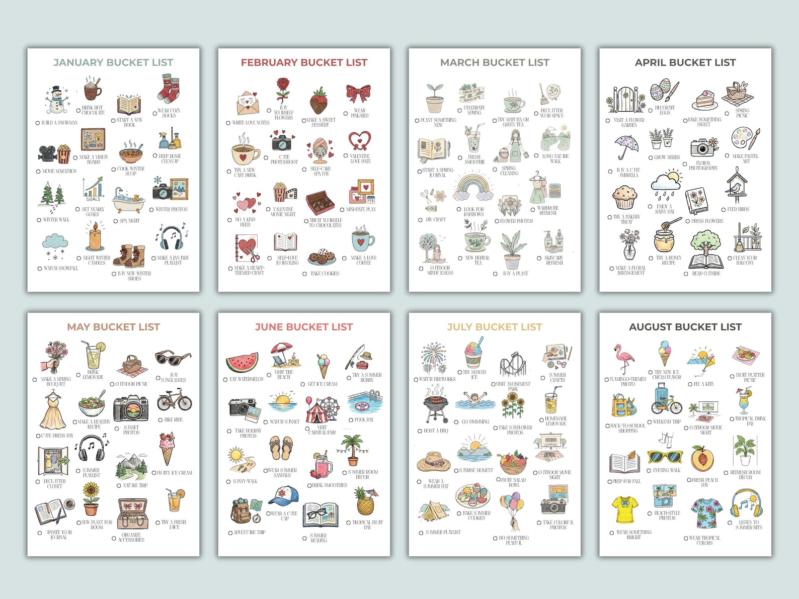12 Monthly Bucket List Printable | 24 Pages | Aesthetic Bucket List for ...