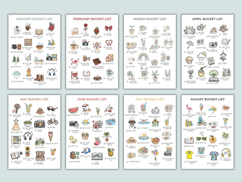12 Monthly Bucket List Printable | 24 Pages | Aesthetic Bucket List for ...