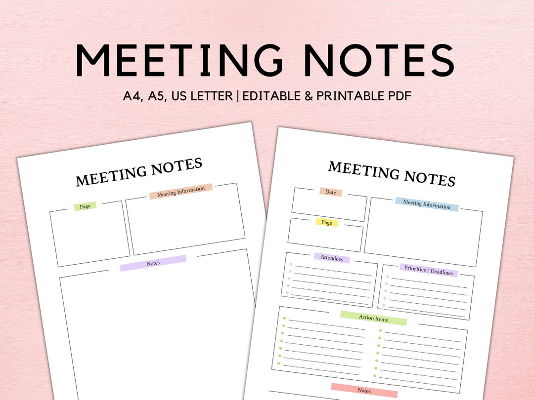 Editable Meeting Notes Template, Meeting Notes Printable, Meeting ...