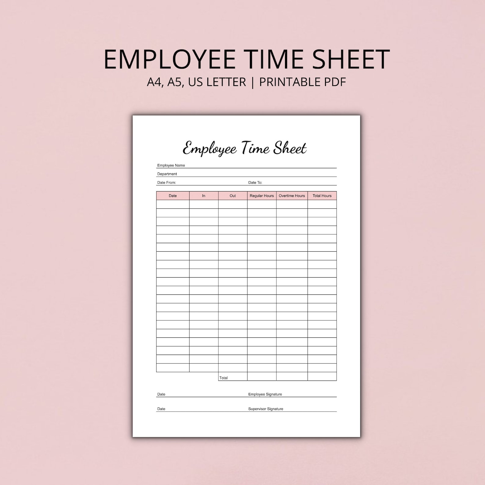 Employee Time Sheet Printable, Printable, Time Log, Time Card, Employee ...
