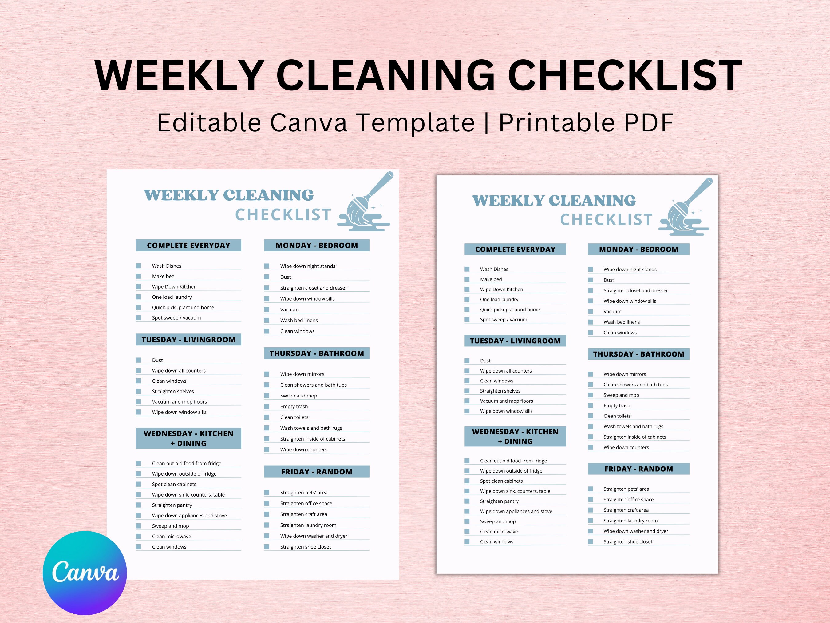 Editable Weekly Cleaning Checklist Cleaning Schedule - Etsy