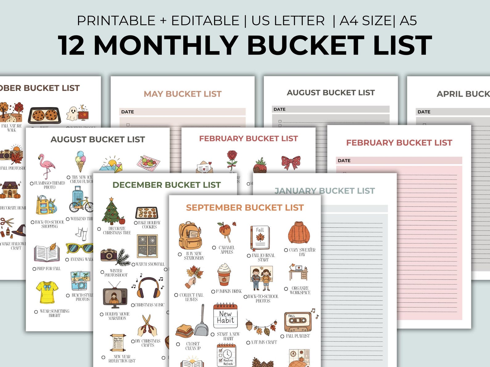 12 Monthly Bucket List Printable | 24 Pages | Aesthetic Bucket List for ...