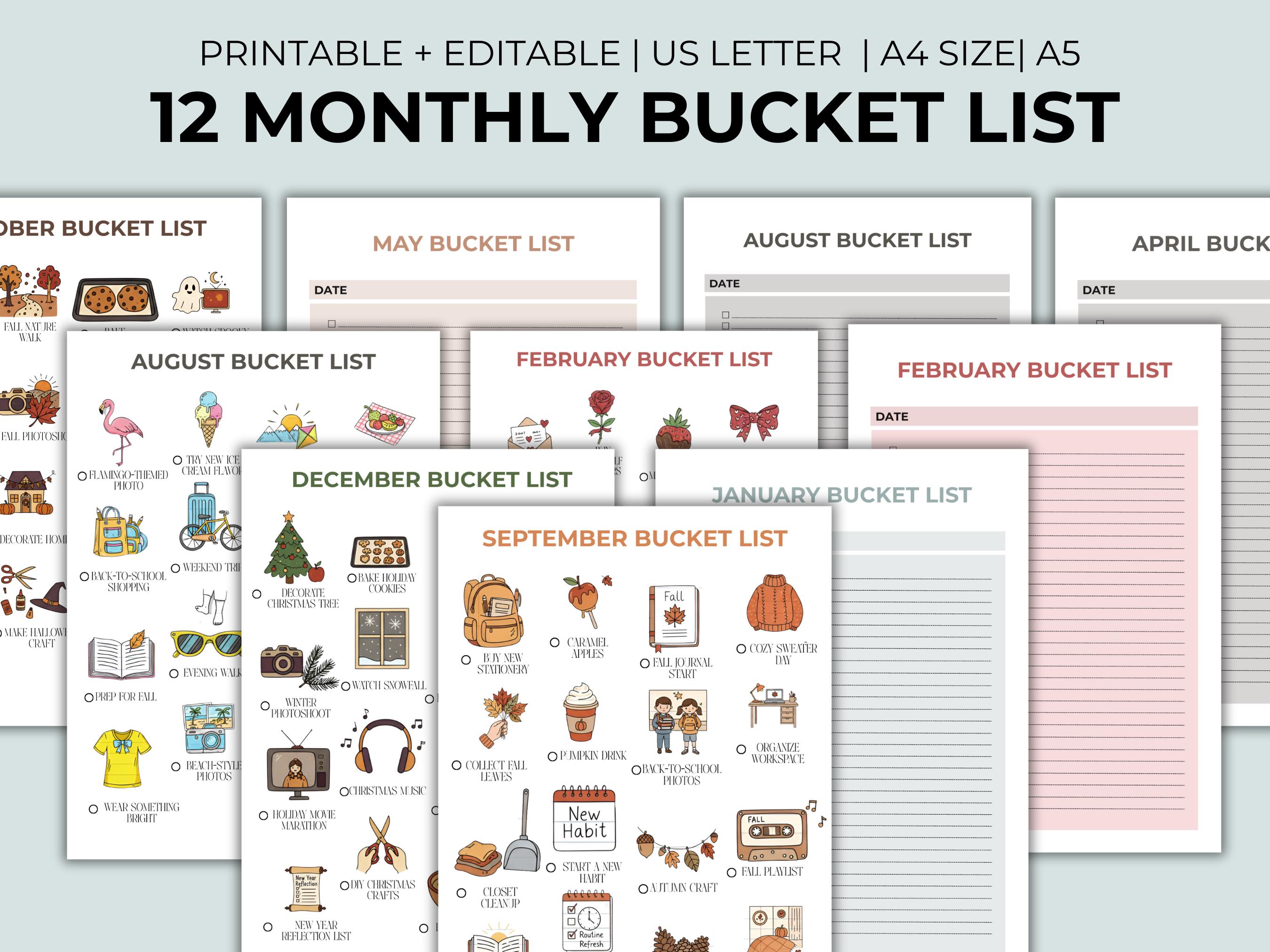 12 Monthly Bucket List Printable | 24 Pages | Aesthetic Bucket List for ...