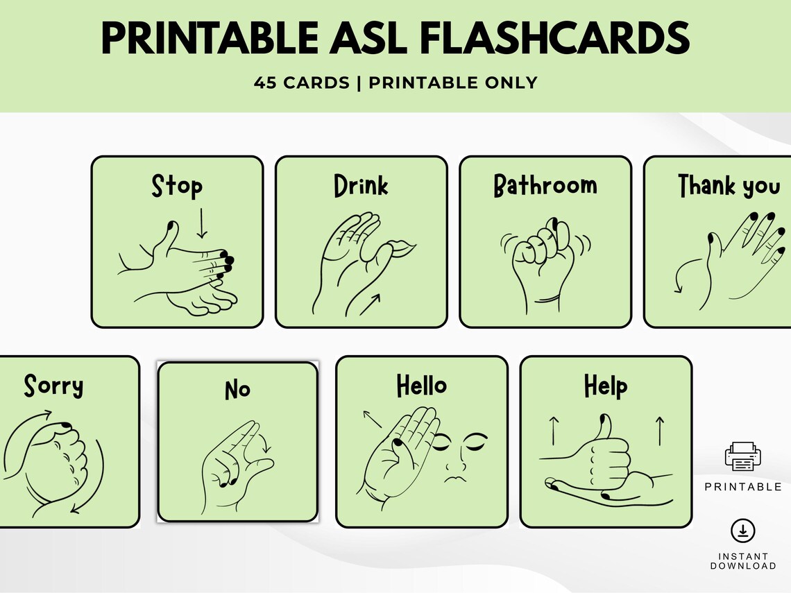 Printable ASL Flashcards: 45 Illustrated Sign Language Cards (digital ...