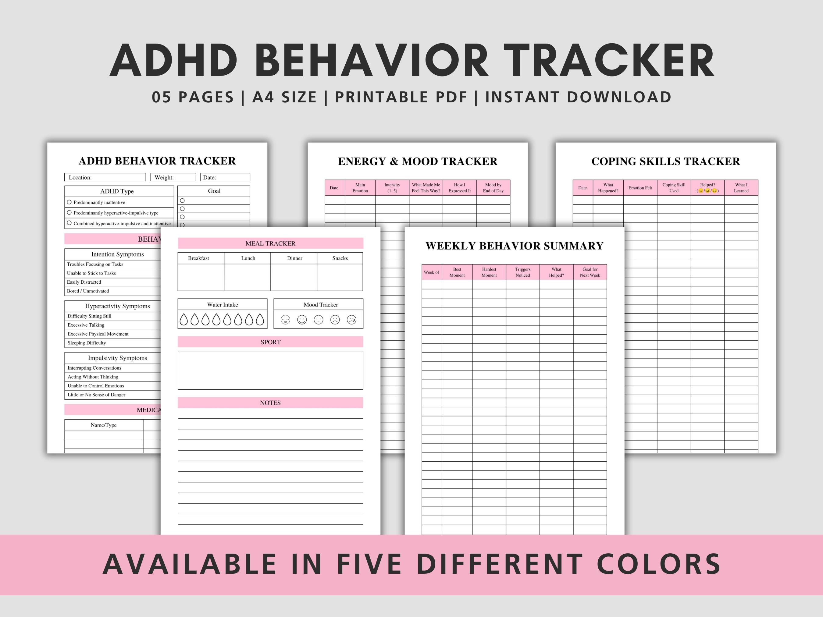 ADHD Behavior Tracker Printable, Pink Daily Mood Symptom Log, Coping ...