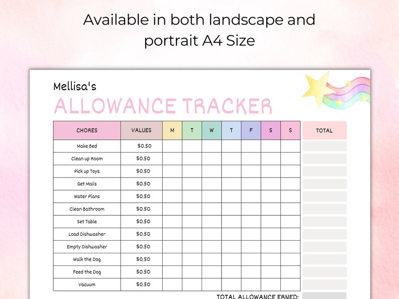 Editable Allowance Tracker for Kids, Printable Allowance Chore Chart ...