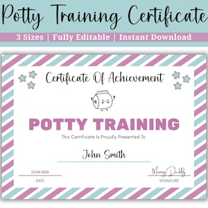 Potty Training Certificate for Kids, Editable Canva Template, A4 ...
