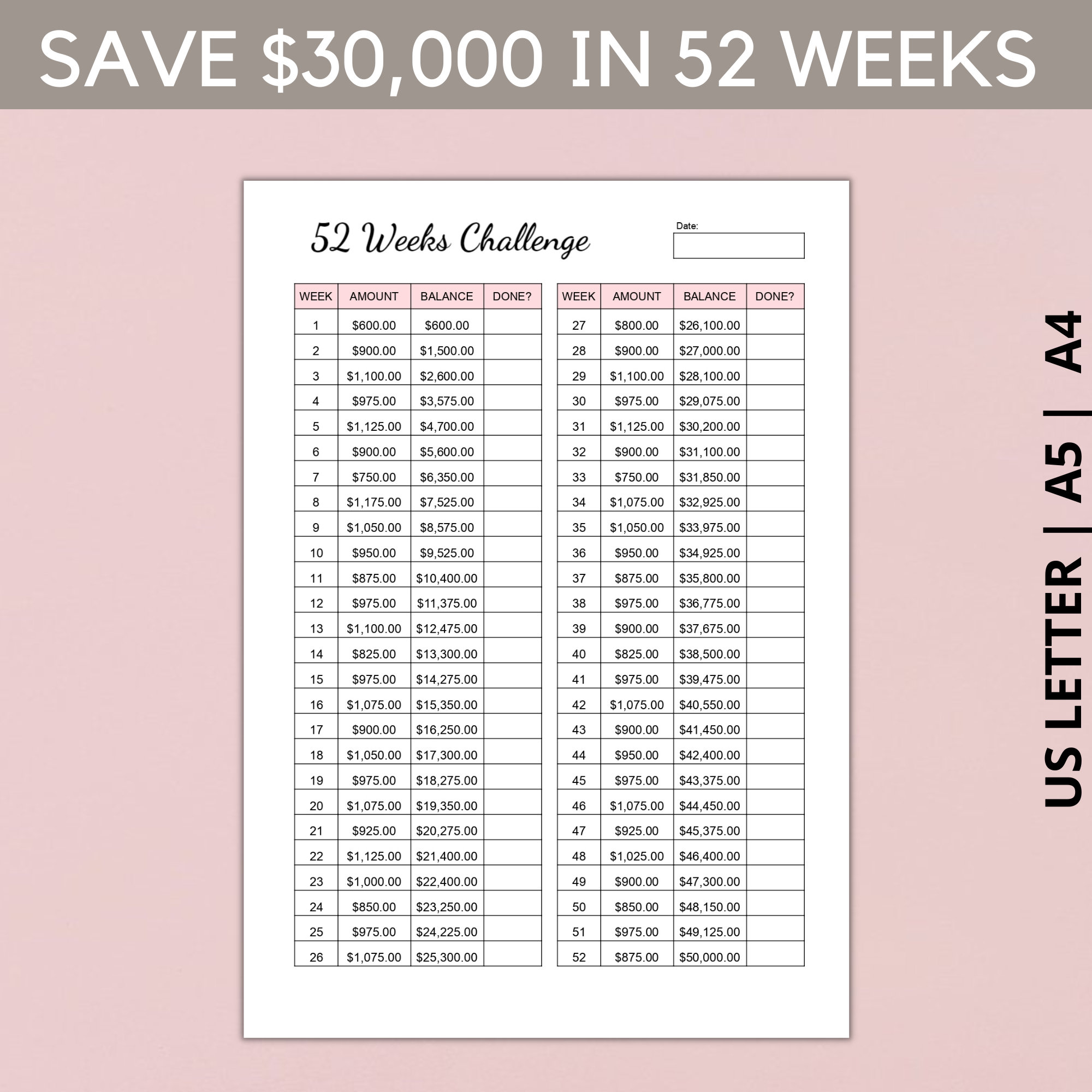 52 Week Savings Challenge, 50,000 Savings Challenge Tracker, Money ...