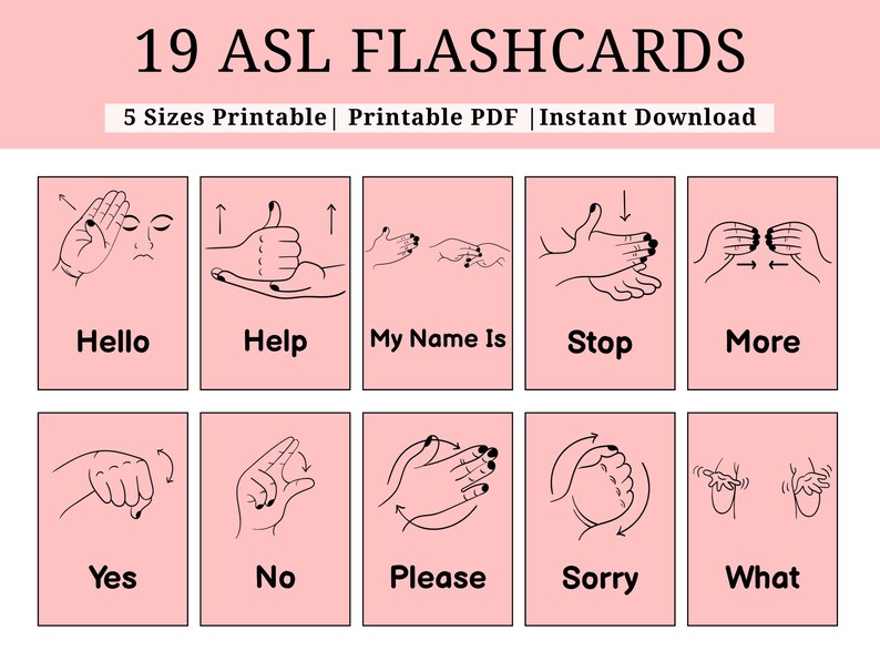 ASL Flashcards Printable: 19 Basic Sign Language Cards for Kids (PDF ...