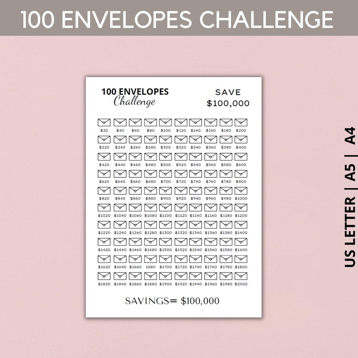 100k 100 Envelope Challenge Printable, 100,000 Savings Challenge ...