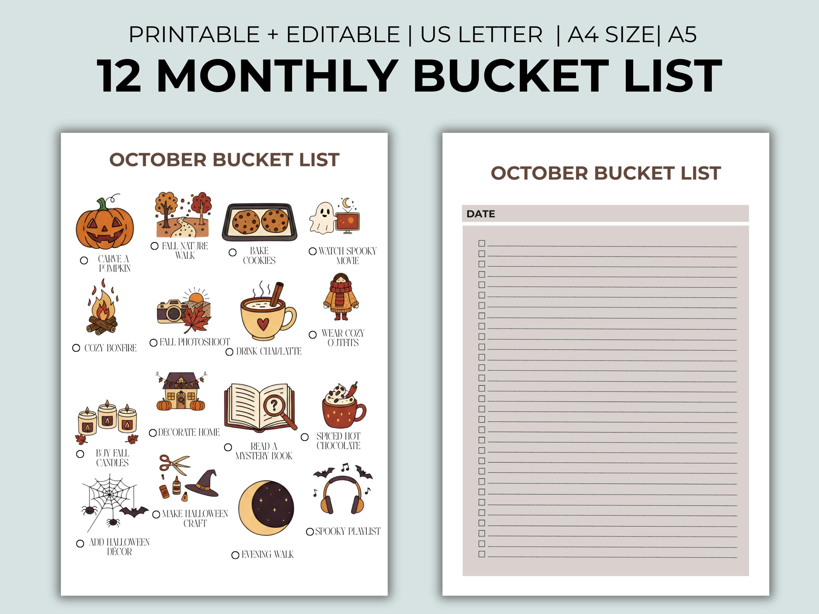12 Monthly Bucket List Printable | 24 Pages | Aesthetic Bucket List for ...