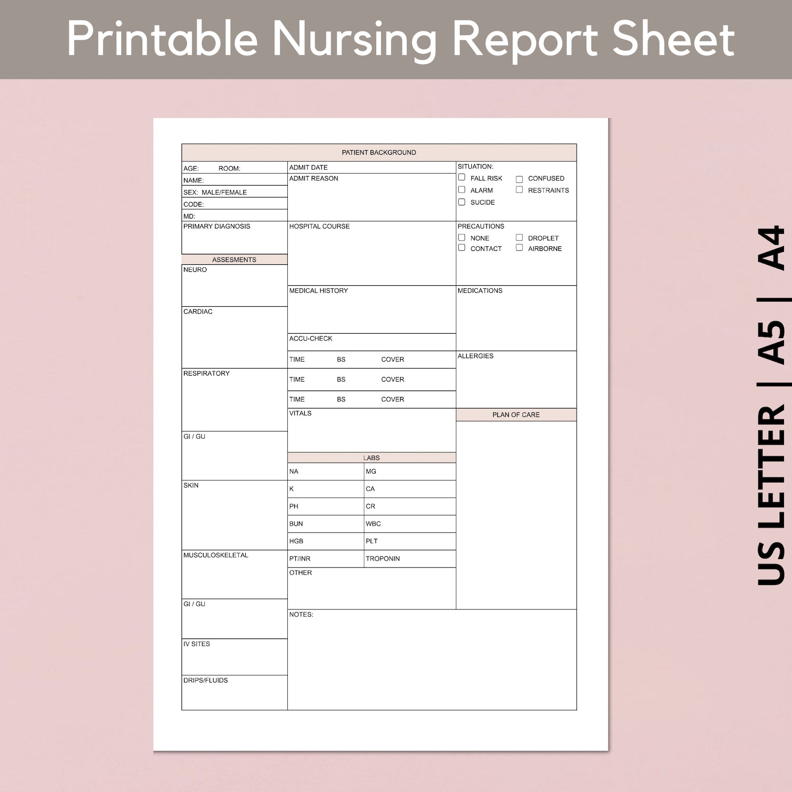 Printable Nursing Report Sheet Template, Nurse Brain Sheet, Single ...
