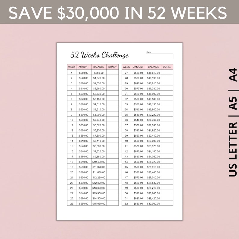 52 Week Savings Challenge 30000 Savings Challenge Tracker - Etsy