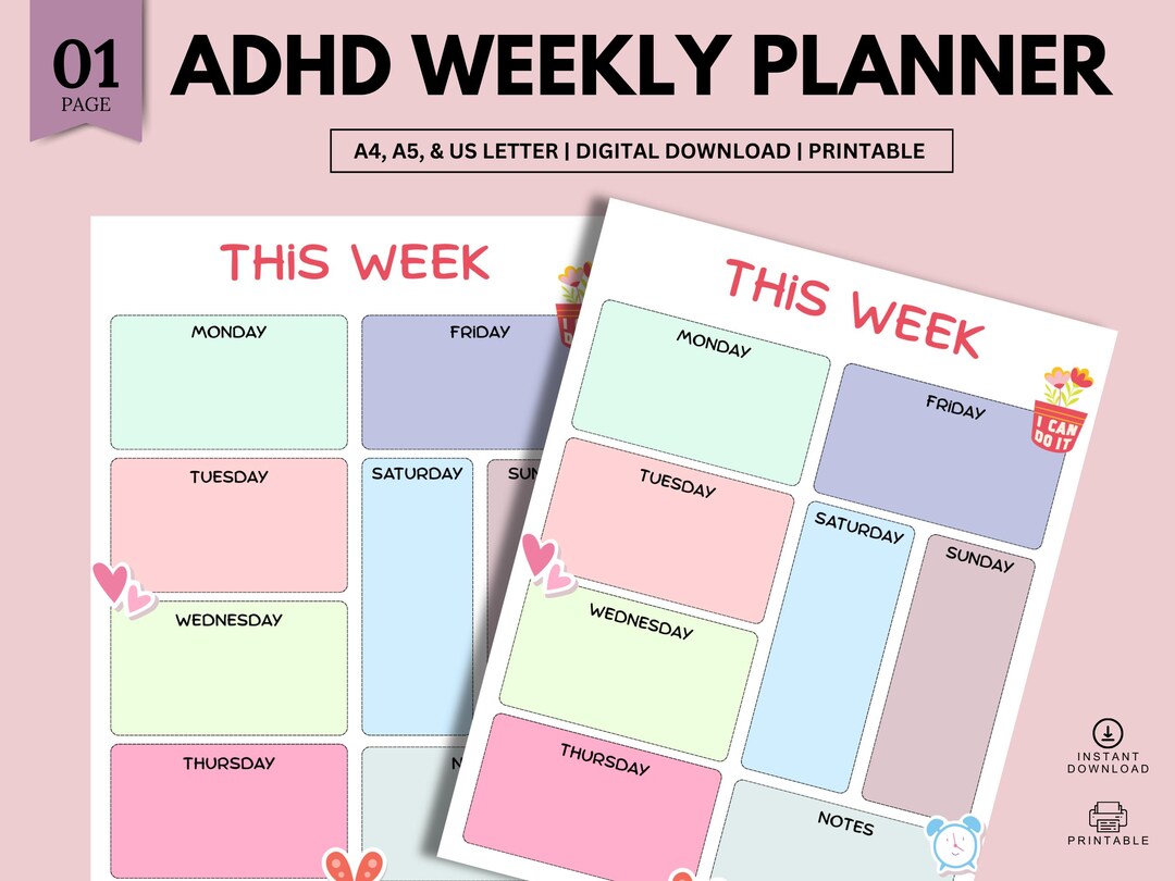 ADHD Weekly Planner Printable | Colorful Weekly Schedule | Digital ...