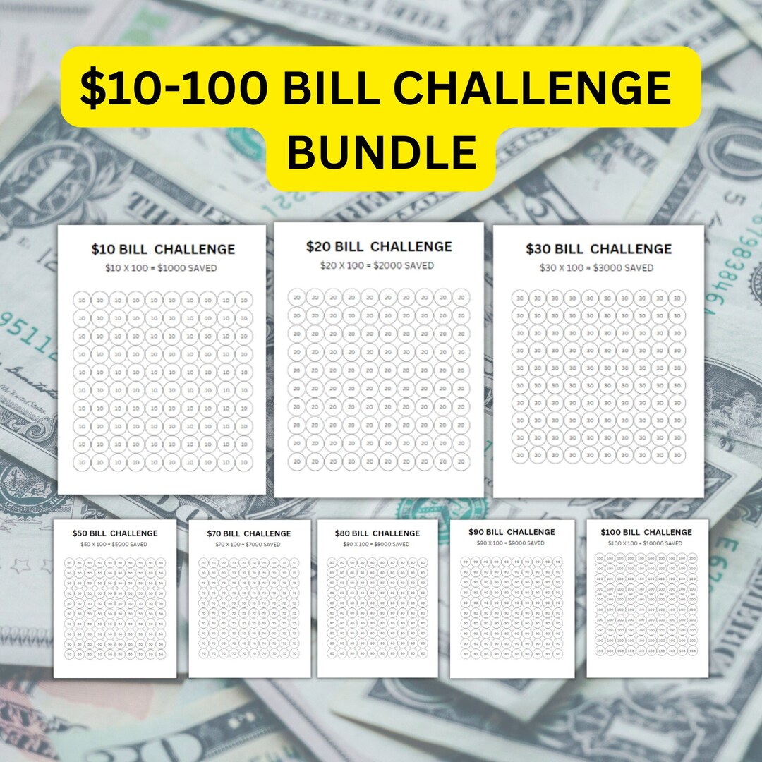 10-100 Dollar Bill Challenge Printable, Bundle Bill Challenge, Savings ...