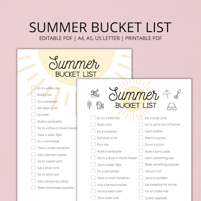 Editable Summer Bucket List Printable, Summer Bucket List , Summer ...