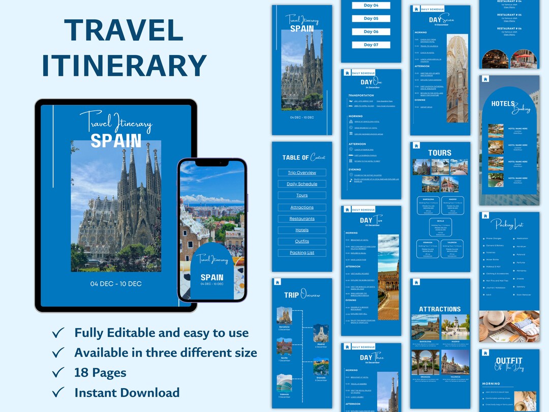Spain Travel Itinerary Template | Editable Spain Trip Planner ...